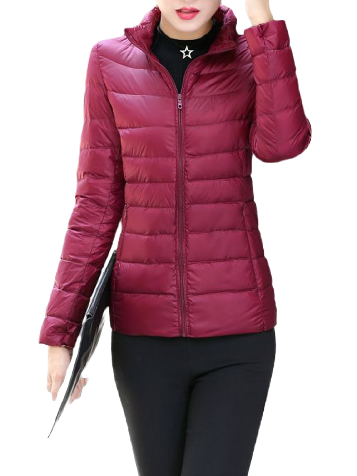 Grianlook Women Quilted Coat Stand Collar Puffer Jacket Solid Color ...