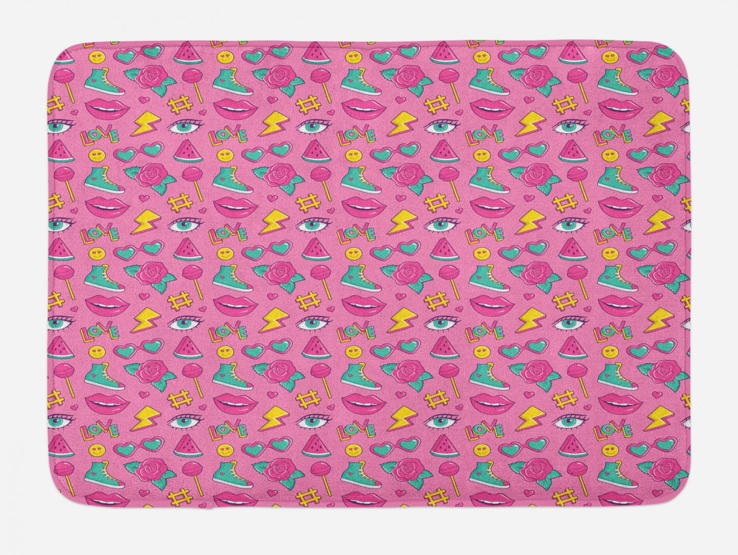Emoticon Bath Mat, Retro Style Comic Book Pattern on Pink Backdrop Girlish Pop Art, Plush ...