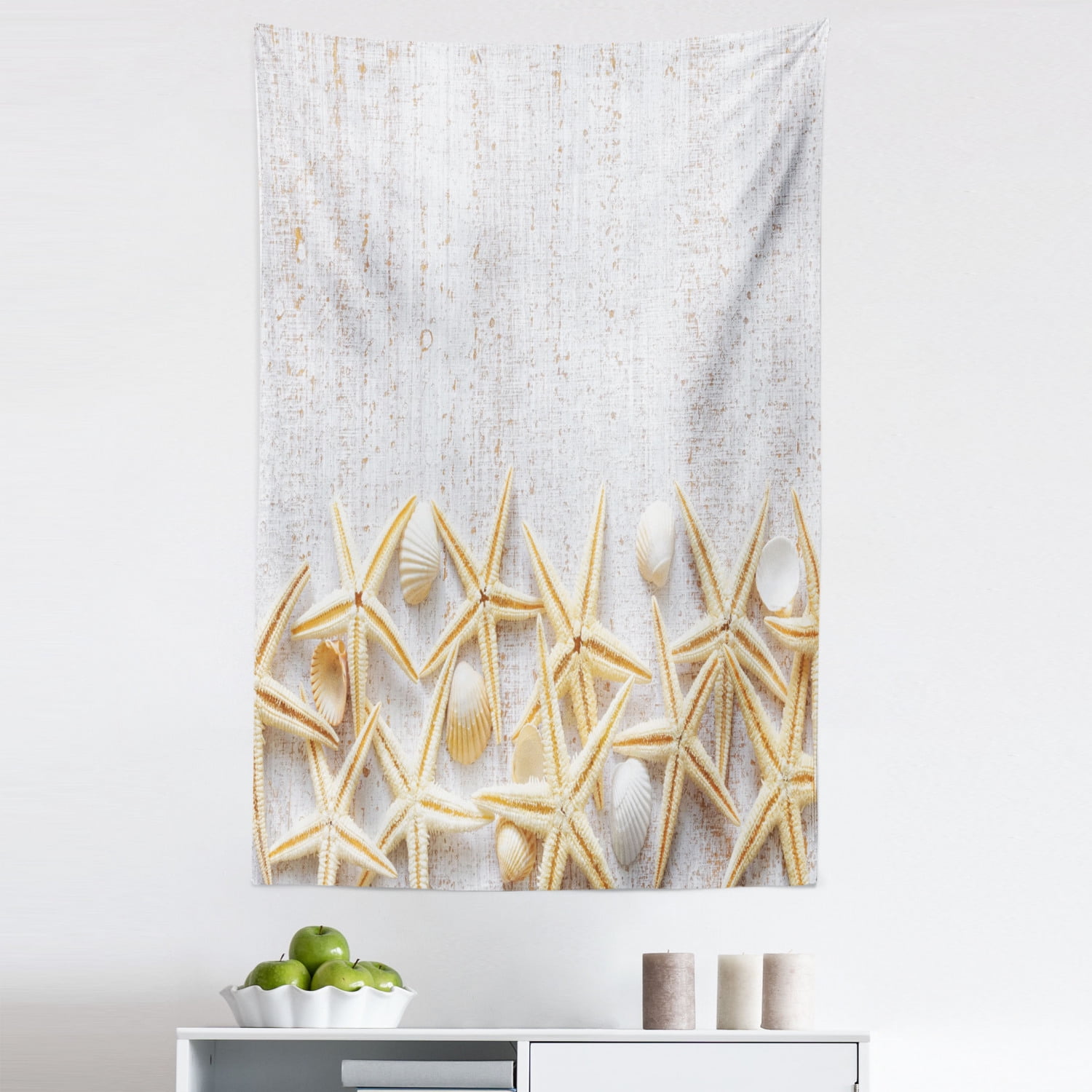 White Tapestry, Sea Shells on Timber Pattern Tropical Honeymoon ...