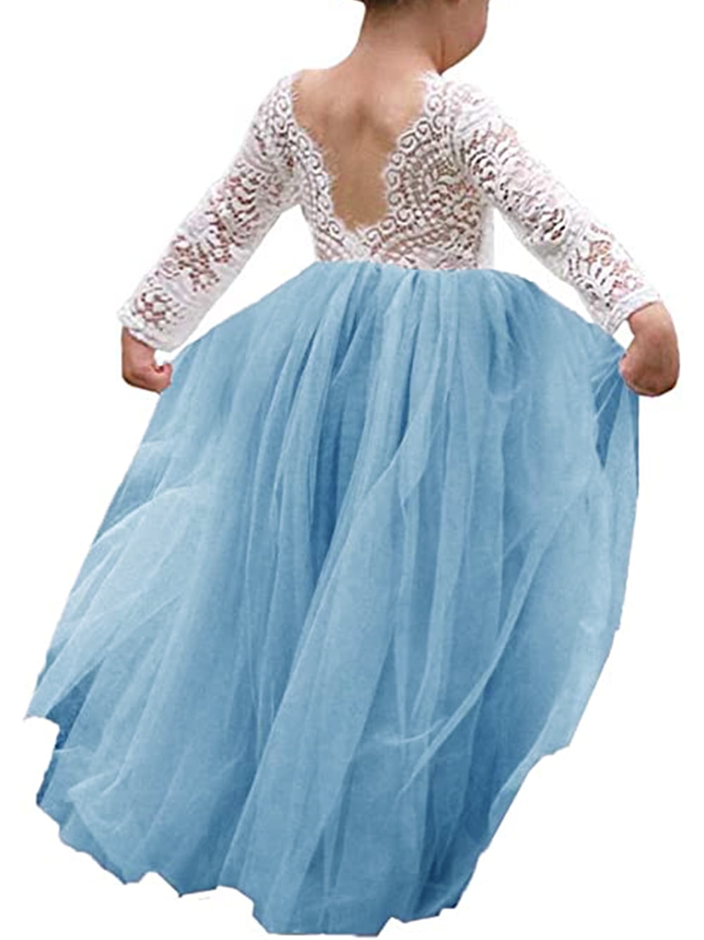 URMAGIC 3-12Y Child Girls Eyelash Lace Deep V Back Wedding Dress Teen ...