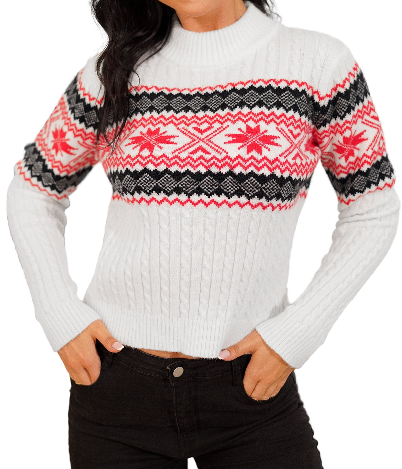 ZAFUL Women's Cute Christmas Snowflake Pattern Decorated Knit Crew Neck ...