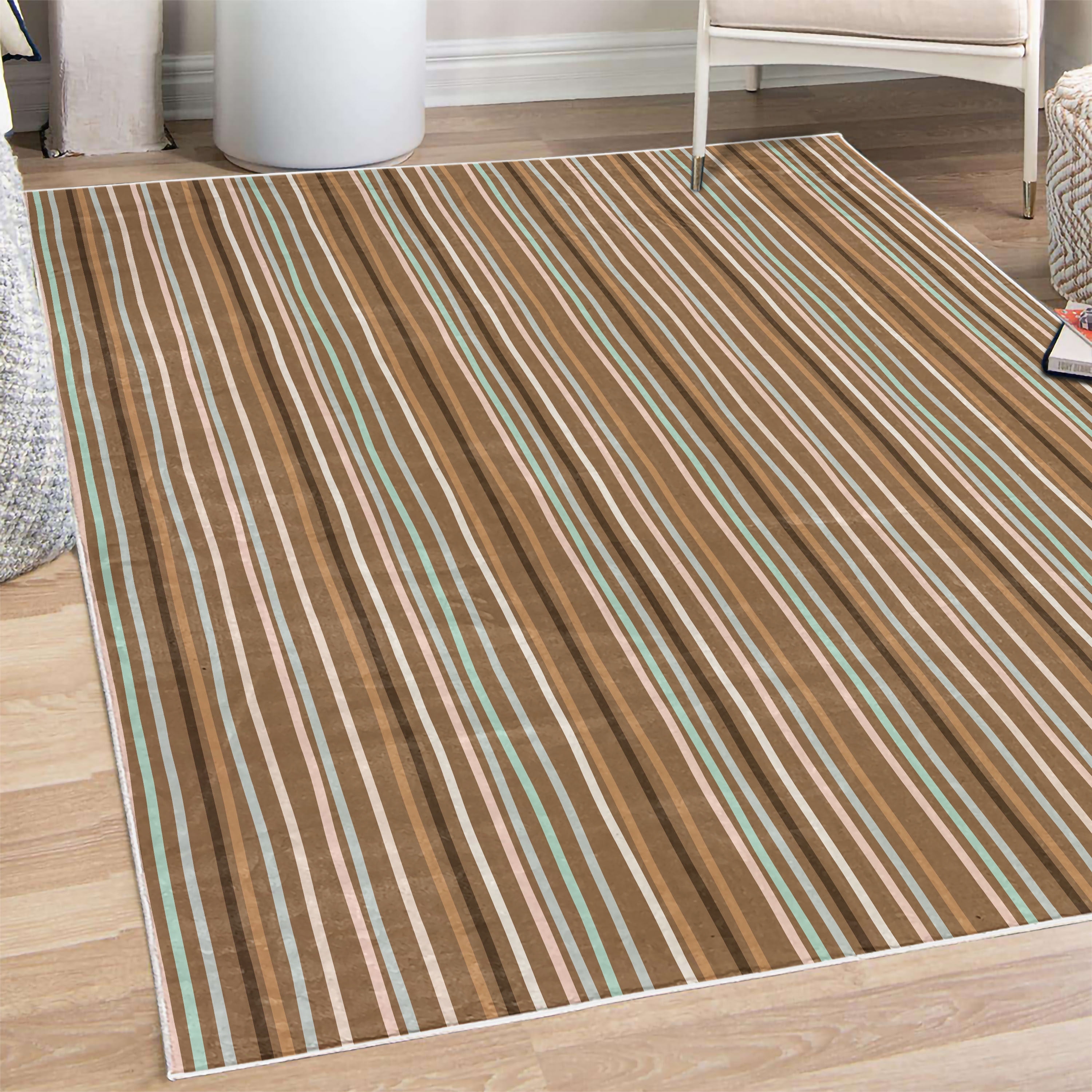 Geometric Decorative Rug, Retro Vertical Bands Wavy Striped Lines Hand ...
