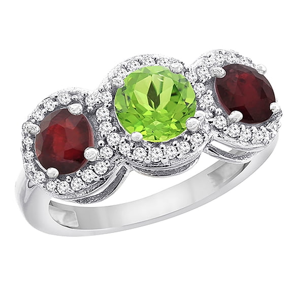 14K White Gold Natural Peridot & Enhanced Ruby Sides Round 3-stone Ring ...