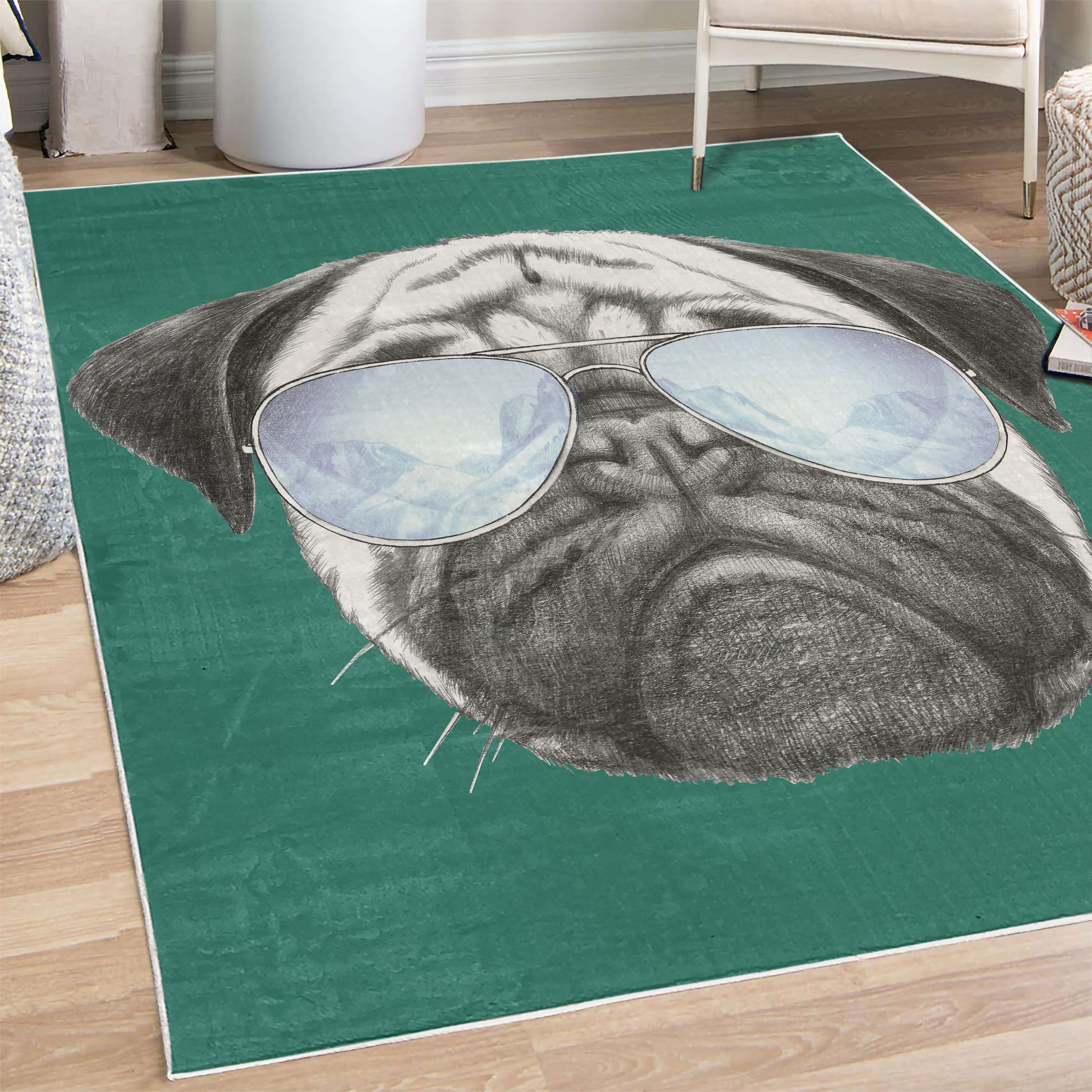 Pug Decorative Rug, Dog Portrait Mirror Sunglasses Hand Drawn ...