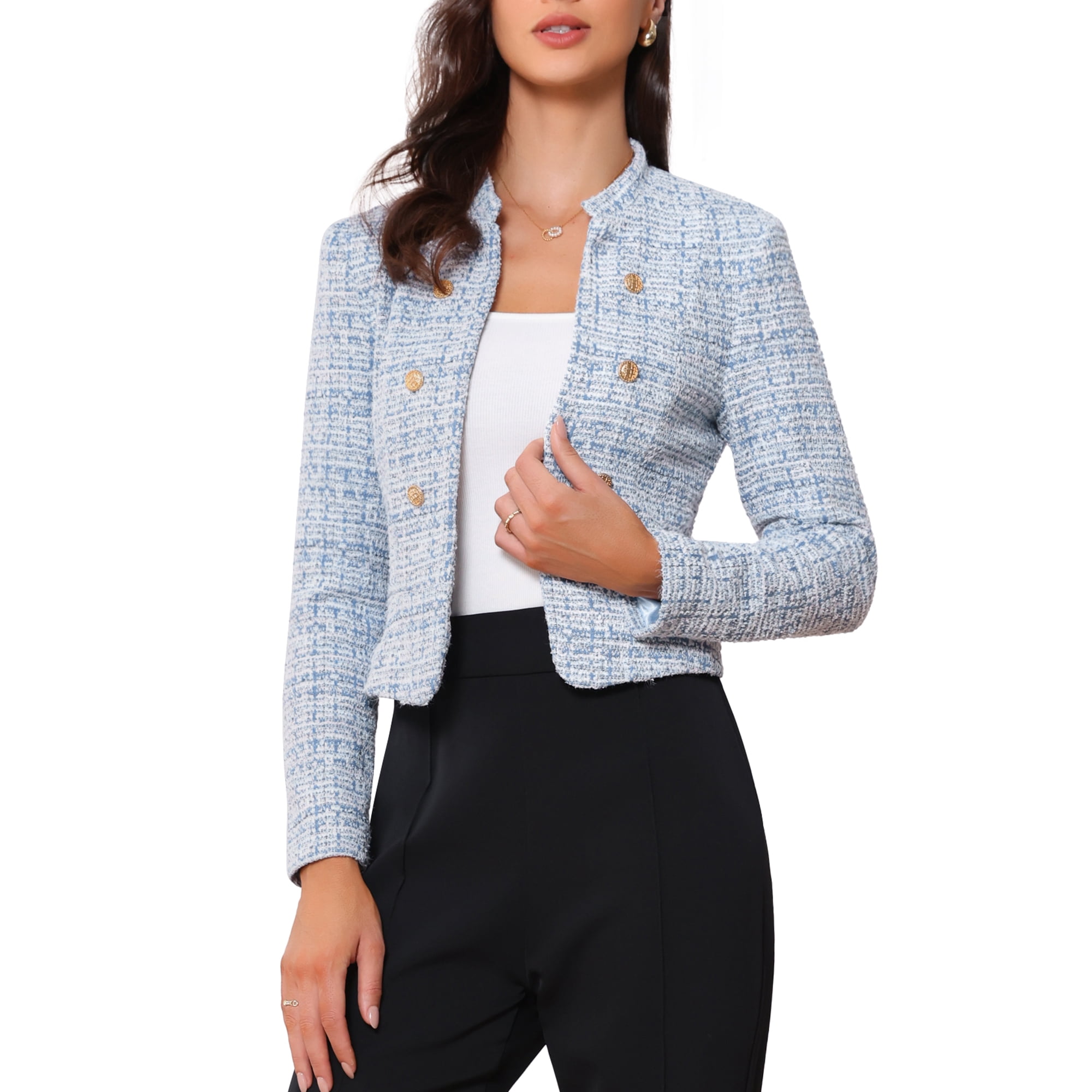 Click here for Inspire Chic Womens Tweed Blazer Stand Collar Crop... prices