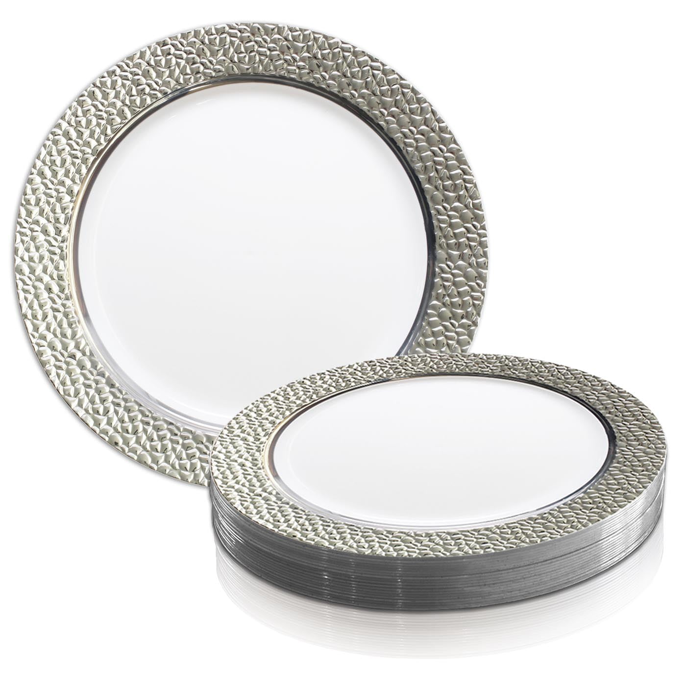 Smarty 10.25" White Silver Hammered Rim Round Plastic Dinner Plates ...