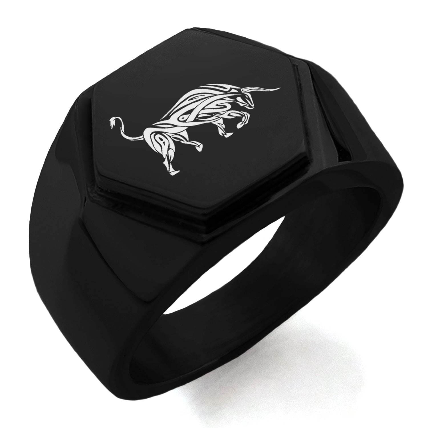 Stainless Steel Celtic Bull Rune Engraved Hexagon Crest Flat Top Biker ...