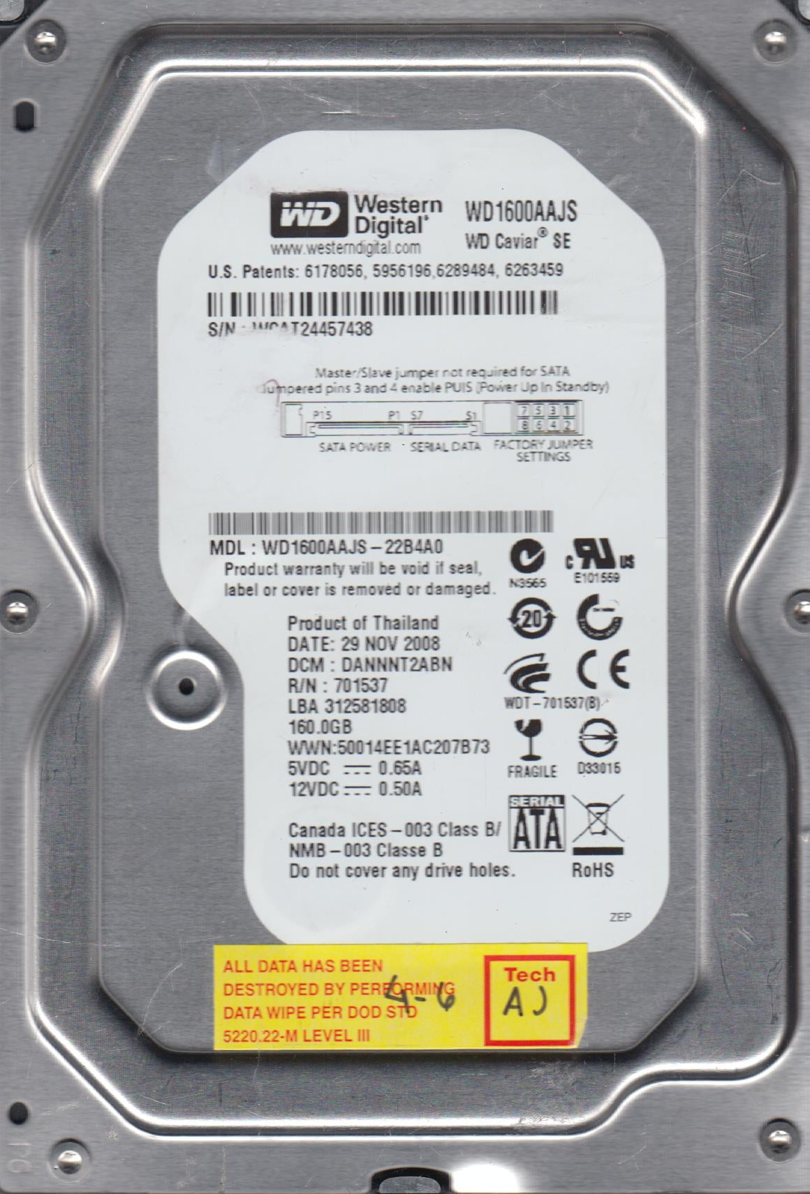 WD1600AAJS-22B4A0, DCM DANNNT2ABN, Western Digital 160GB SATA 3.5 Hard ...
