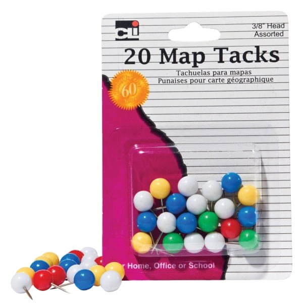 Charles Leonard Map Tacks, 1/4" x 3/8", Assorted Colors, 20 Tacks Per ...