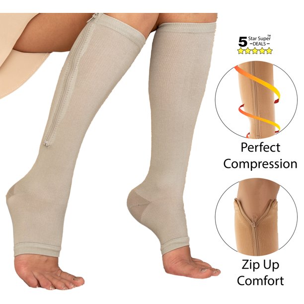 Zipper Compression Socks - Open Toe Knee High Graduated Pressure ...