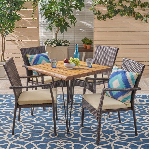Gideon Outdoor 5 Piece Industrial Acacia Wood and Wicker Square Dining ...