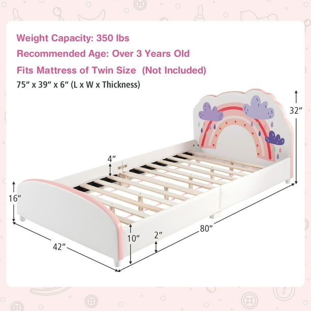 Costway Kids Upholstered Platform Bed Children Twin Size Wooden Bed Rainbow Pattern