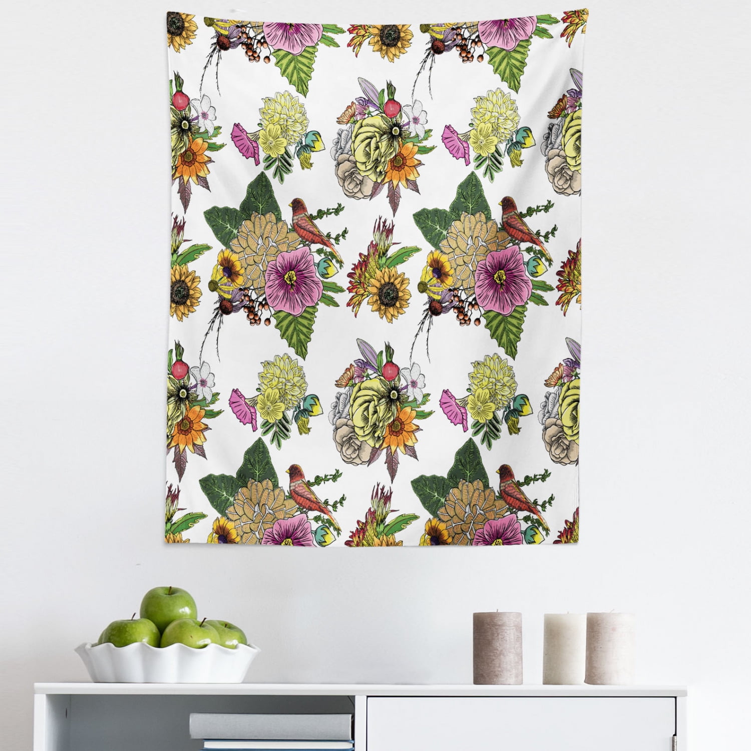 Botanical Tapestry, Roses Dahlia Hibiscus with Leaves and Sunflowers ...