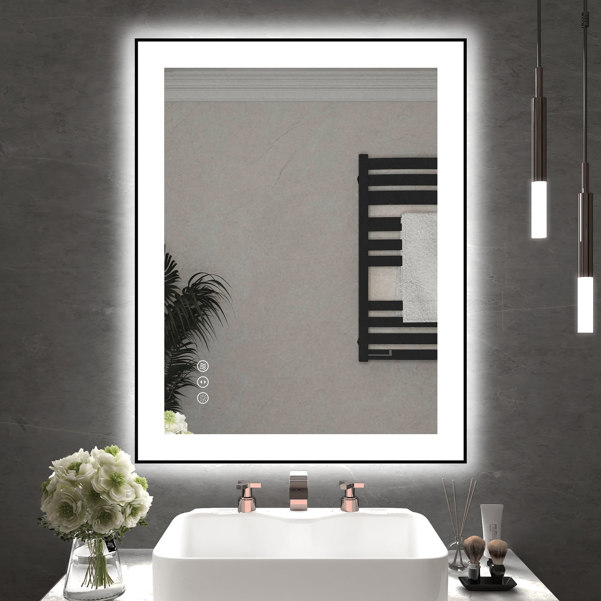 28x 36 Inch Rectangle LED lights Bathroom Mirror for Wall, Black ...