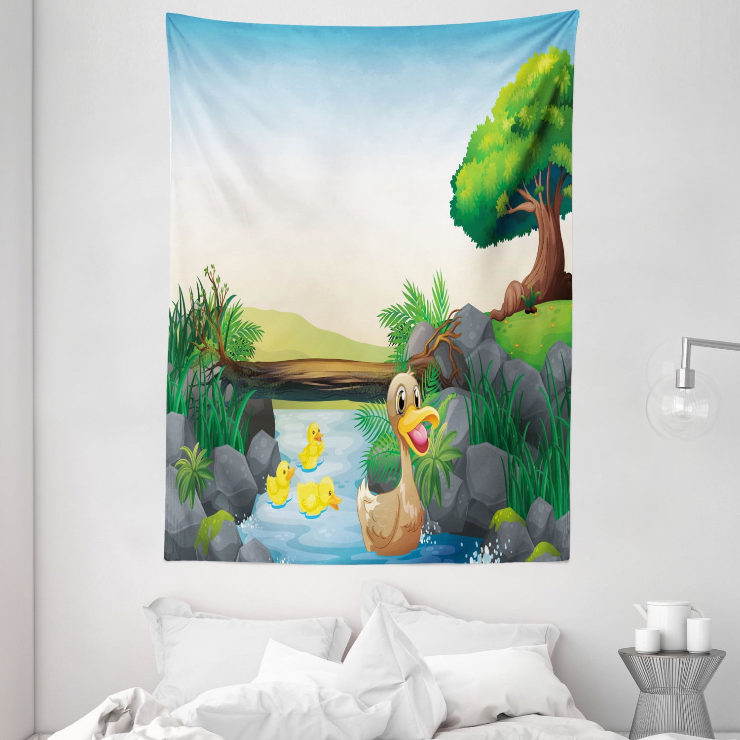 Rubber Duck Tapestry, Cartoon Mother and Ducklings River Kids Fun Farm ...