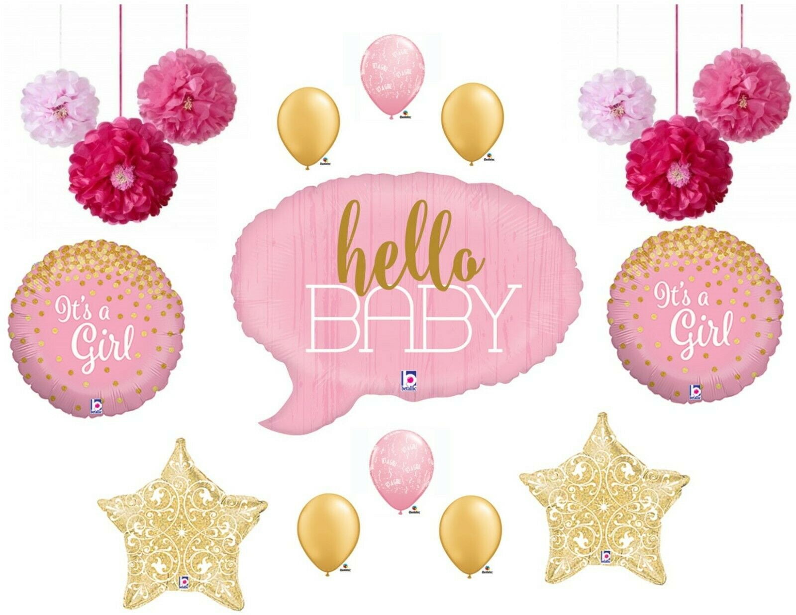 Hello Baby Girl Shower Balloons AND Tissue Flowers Decoration Supplies ...