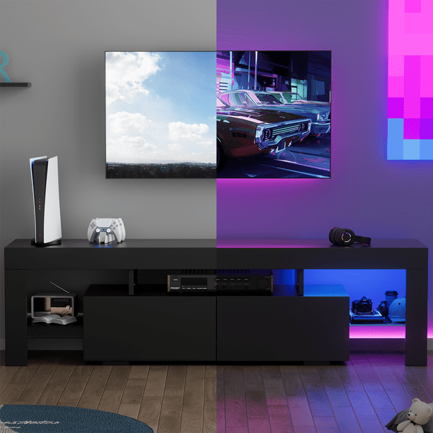 FURMAX TV Stand with LED RGB Lights Flat Screen TV Cabinet Black ...