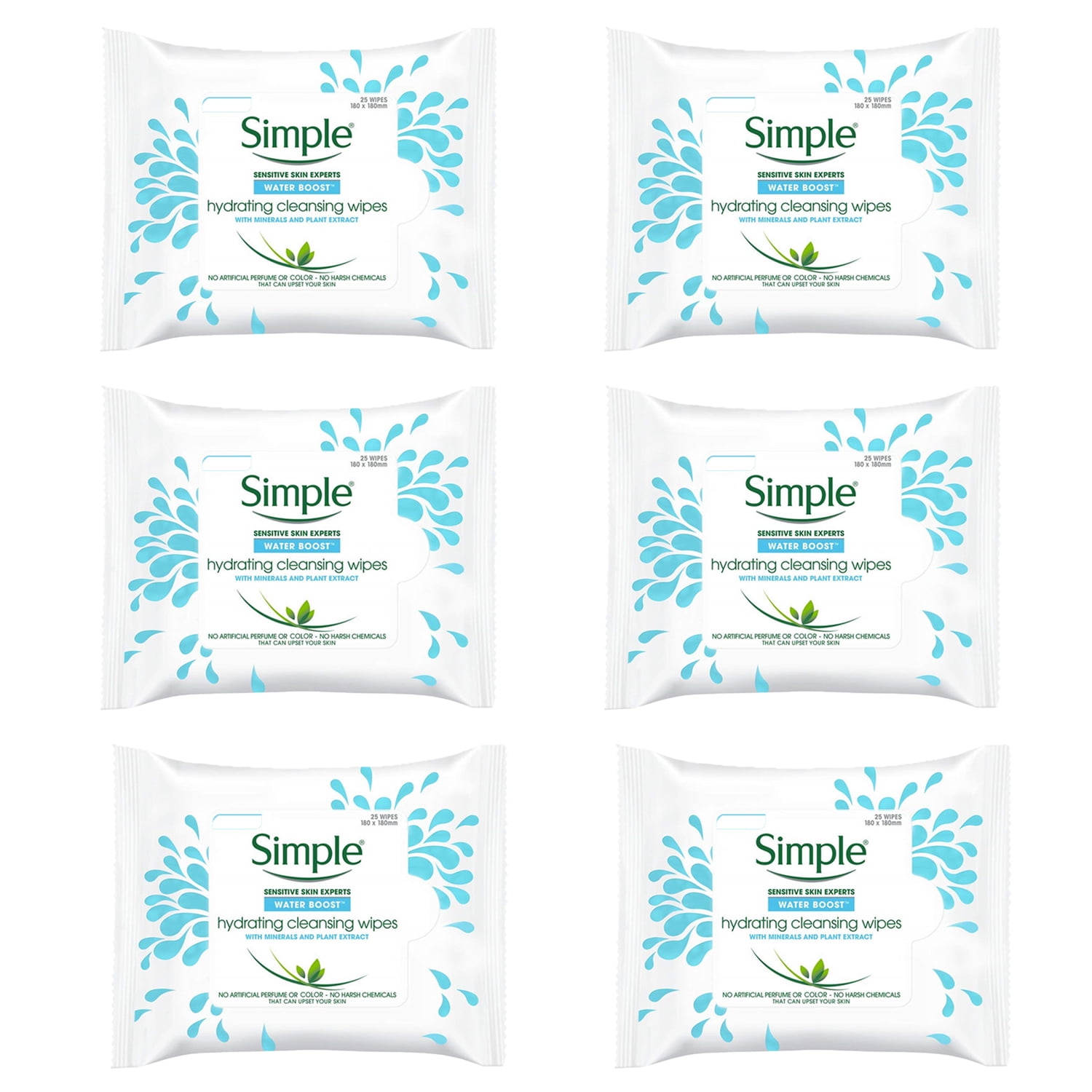 Pack of (6) Simple Water Boost Hydrating, Cleansing Face Wipes, 25 ...