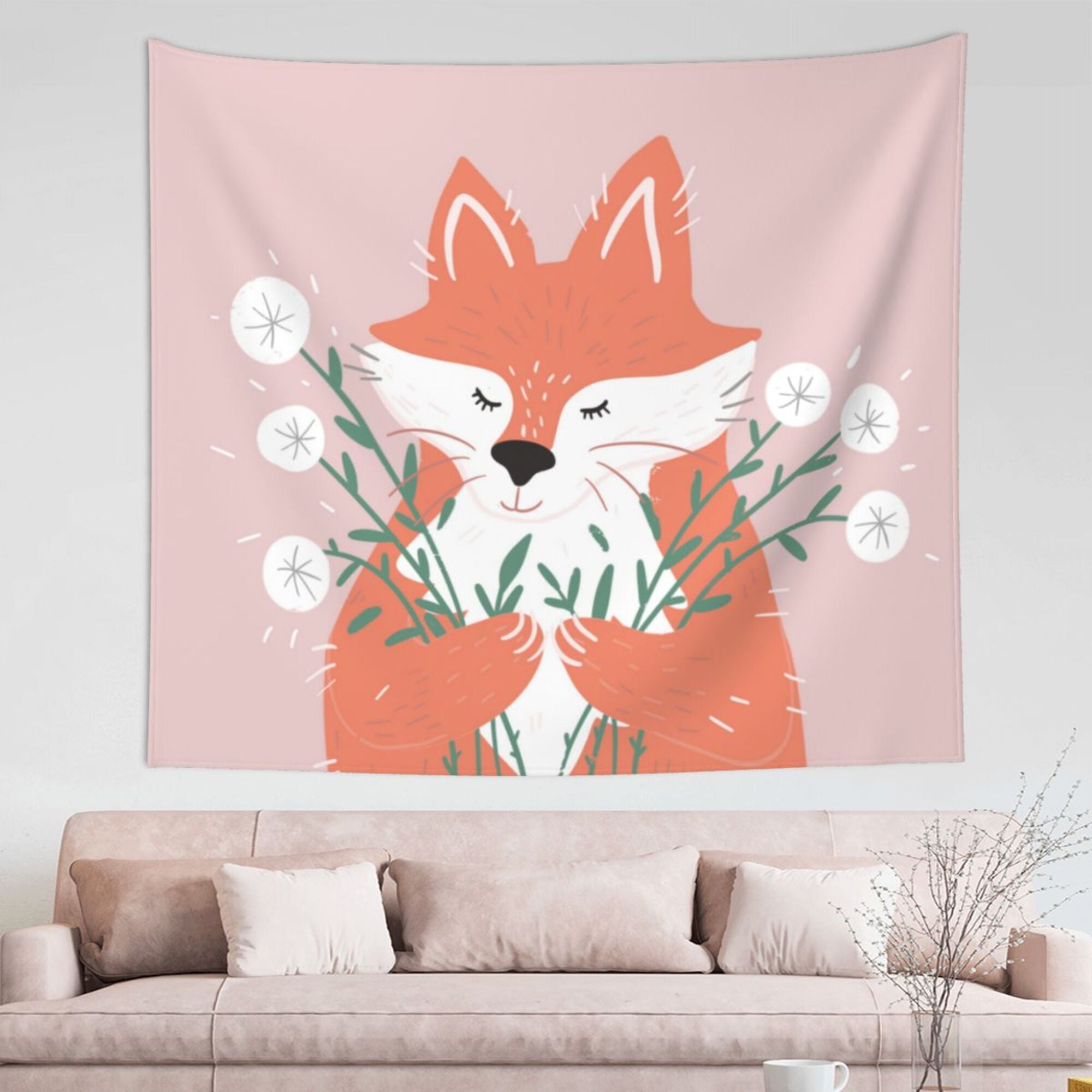 Cartoon Pink Fox Tapestry, Cartoon Wall Decor Home Decor Bedroom Living ...