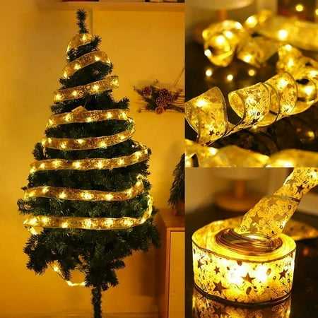 SHAR Gold Christmas String Lights 32ft (2X16ft) 100 LED Lights Battery ...