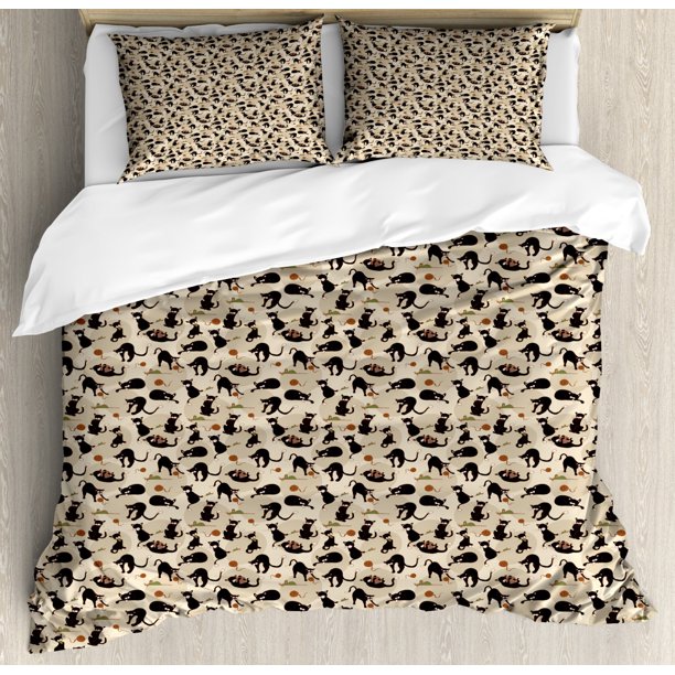 Cat Queen Size Duvet Cover Set, Hand Drawn Feline Pattern House Pet ...