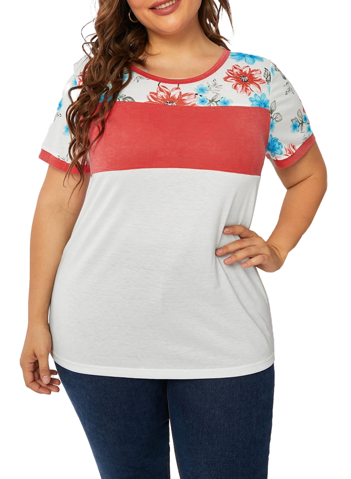 Uniexcosm Women Plus Size Floral Printed Short Sleeve Top Round Neck ...
