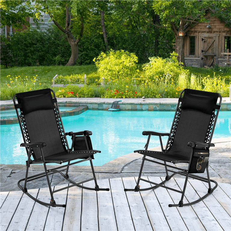 Alden Design 2pcs 26in Foldable Zero Gravity Rocking Chair with Cupholder Pillow for Outdoor Black
