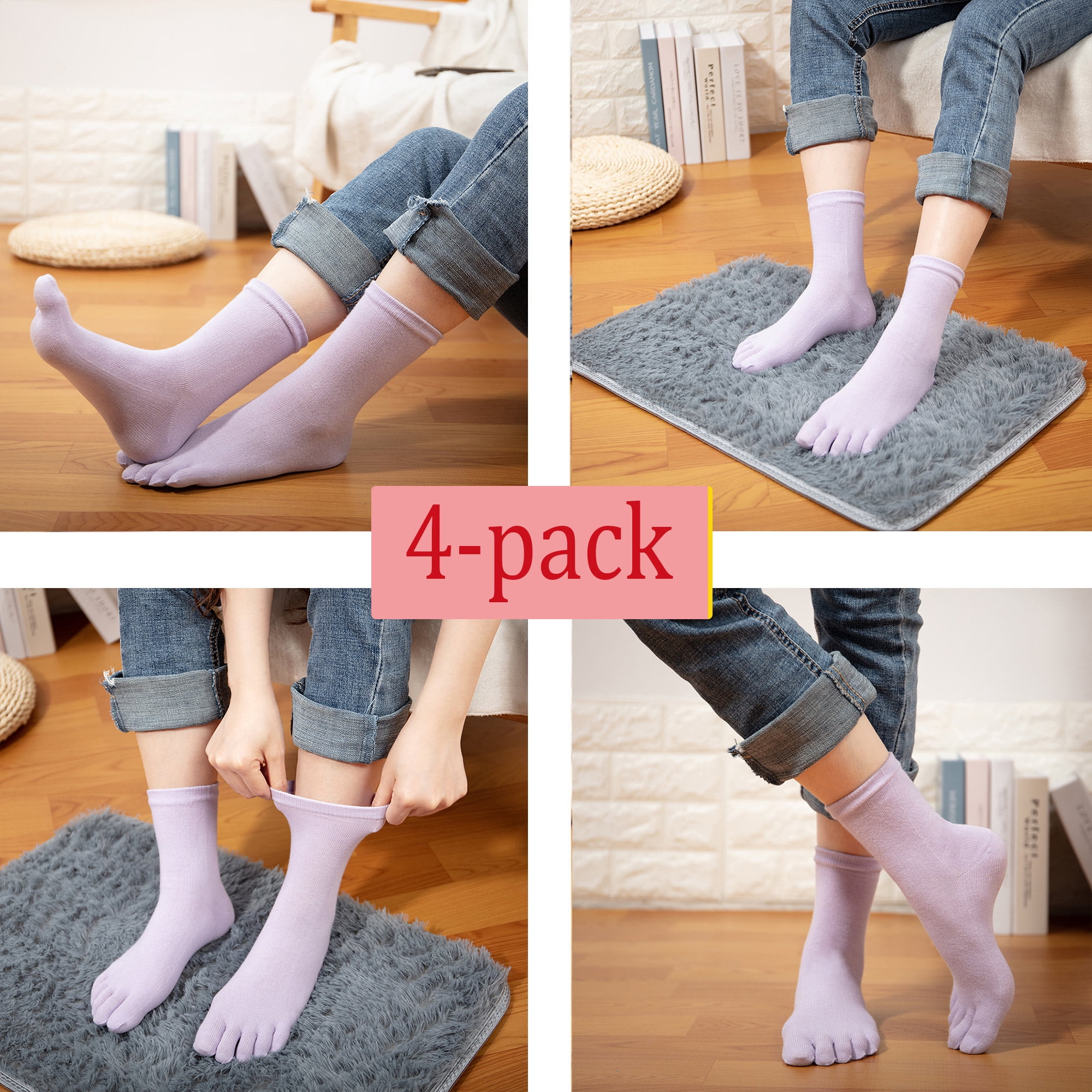 4-Pack Women's Toe Socks,5 Fingers Cotton Socks Wicking Athletic ...