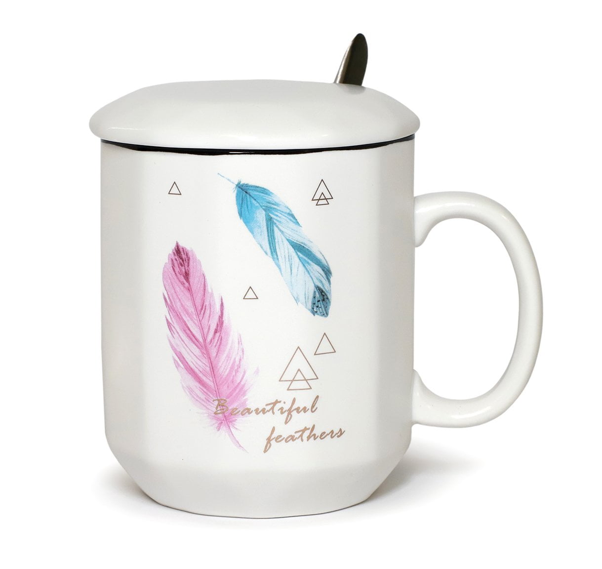 Ceramic Mug Elegant Feather Design with Spoon and Lid - Walmart.com