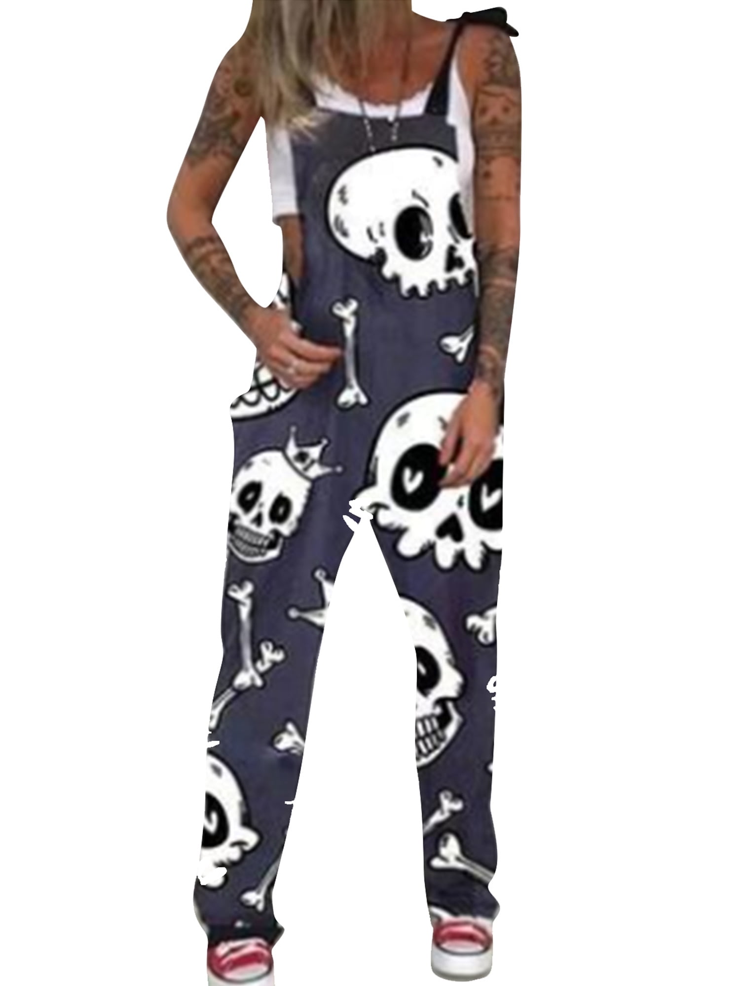 xkwyshop Women Halloween Skeleton Print Bib Overalls Overalls Skull ...