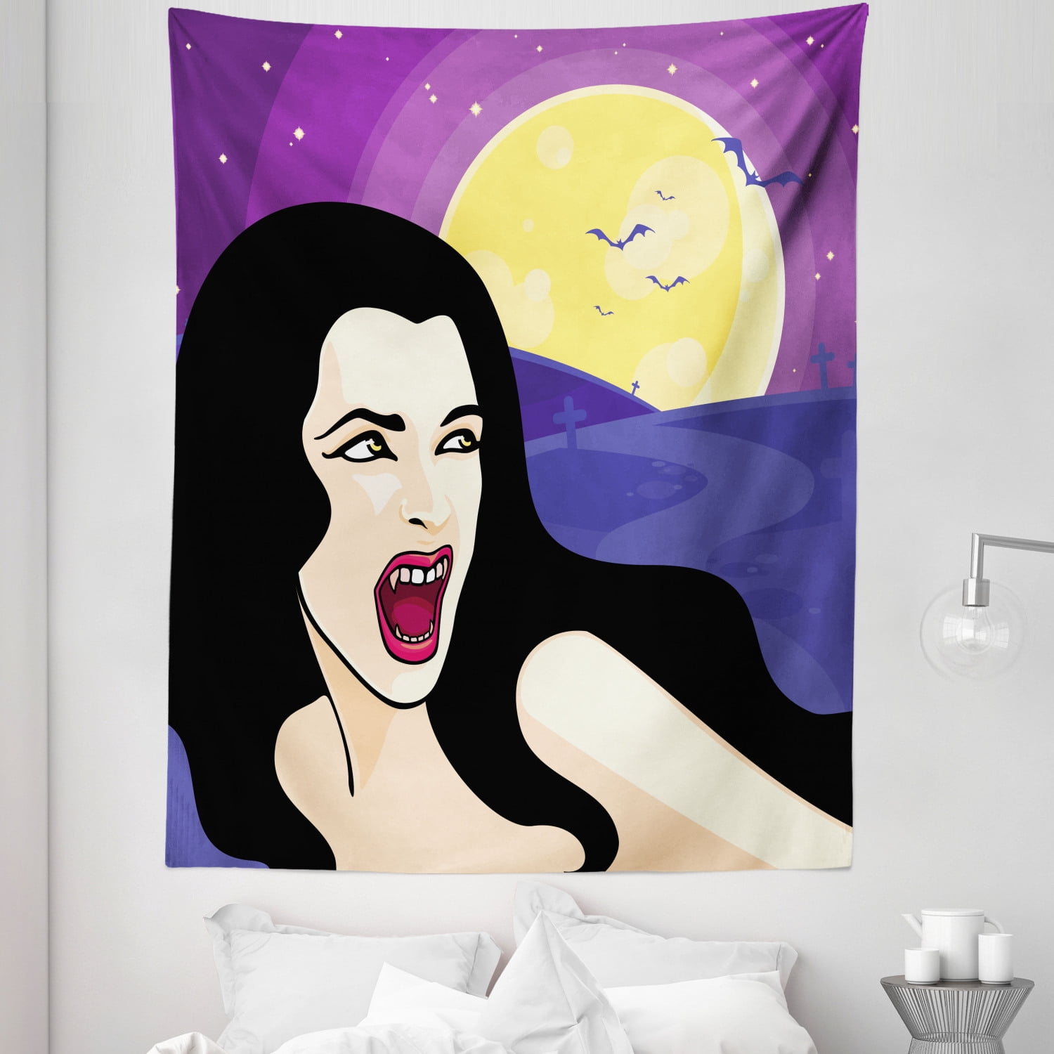 Halloween Tapestry, Vampire Girl on a Cemetery Background Night with ...
