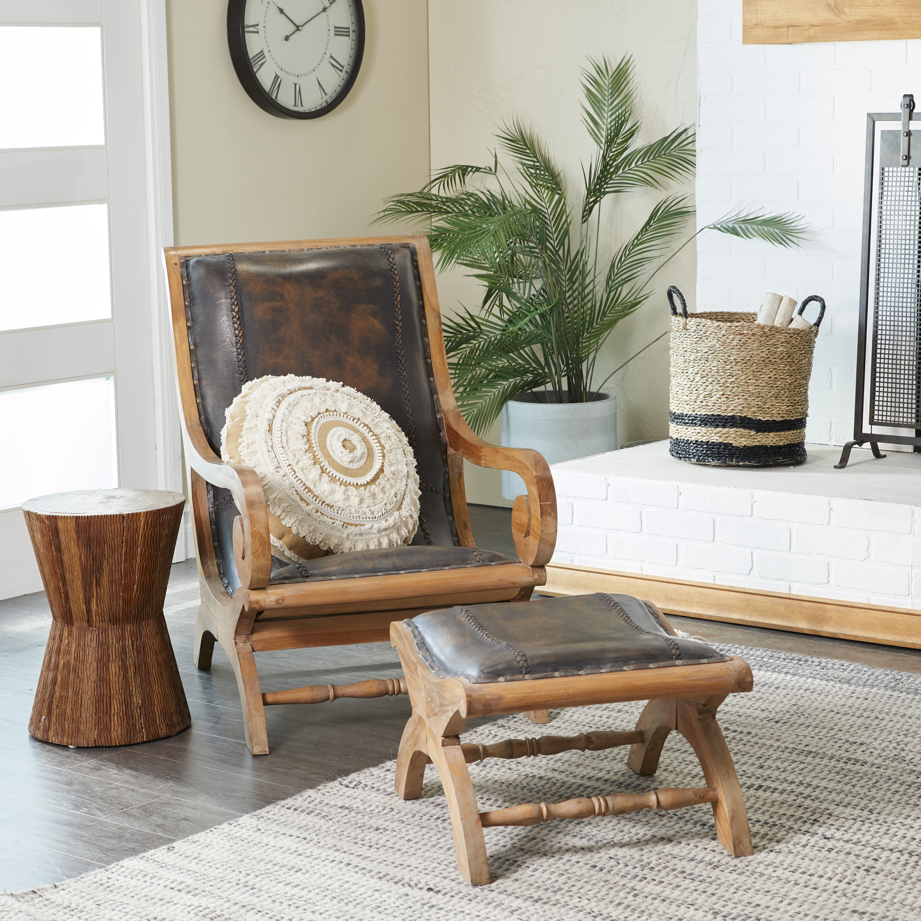 DecMode Wood Upholstered Leather Chair & Ottoman Set with Scrollwork ...