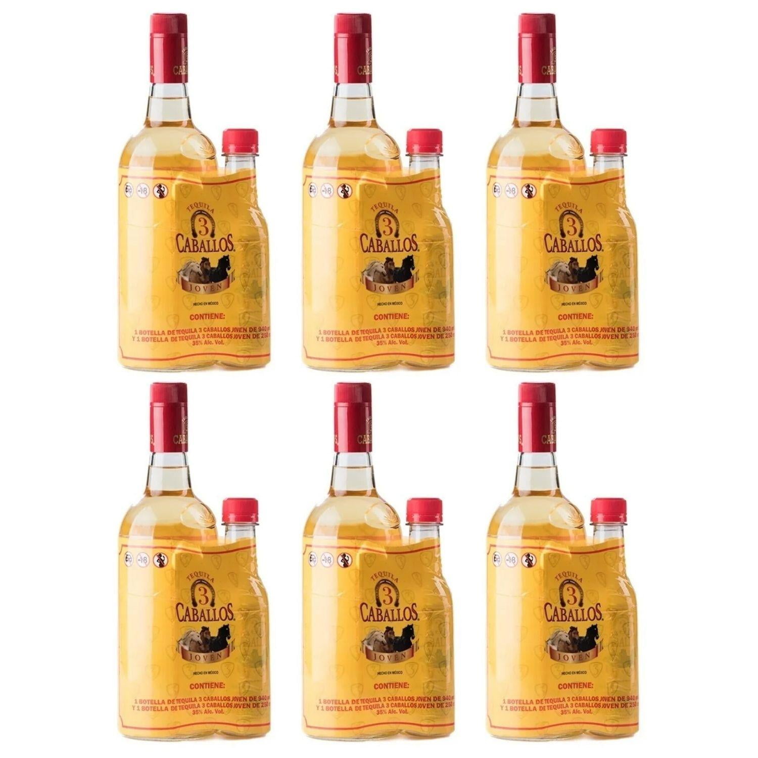 Pack de 6 Tequila Tres Caballos Joven de 950 ml+Mini 250 ml Tres ...