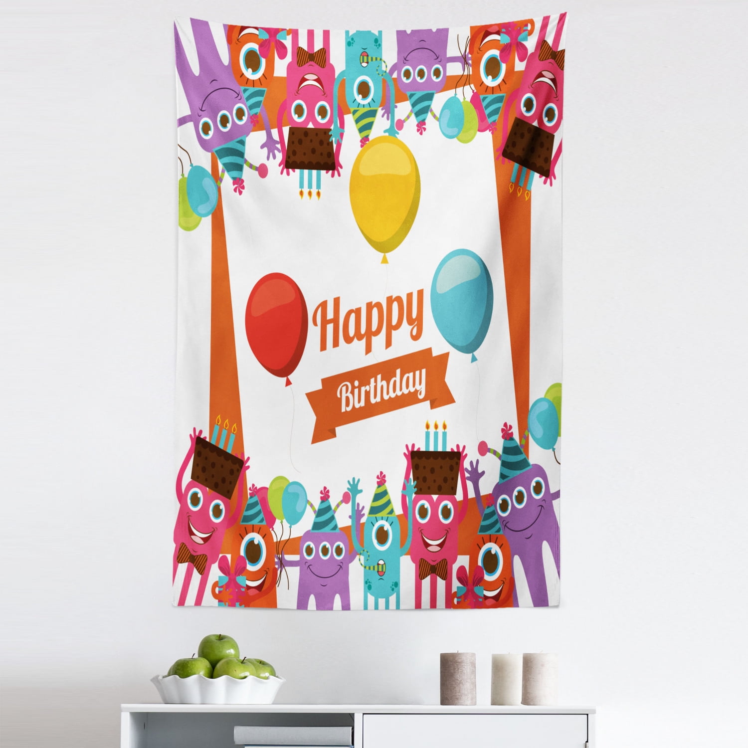 Cartoon Tapestry, Funny Happy Monsters Holding Chocolate Cakes Party ...