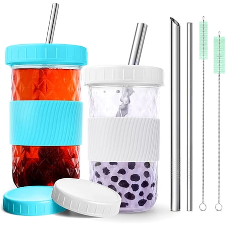 Reusable Boba Bubble Tea Smoothie Glass Drinking Jars Cups, with 4 Lids ...