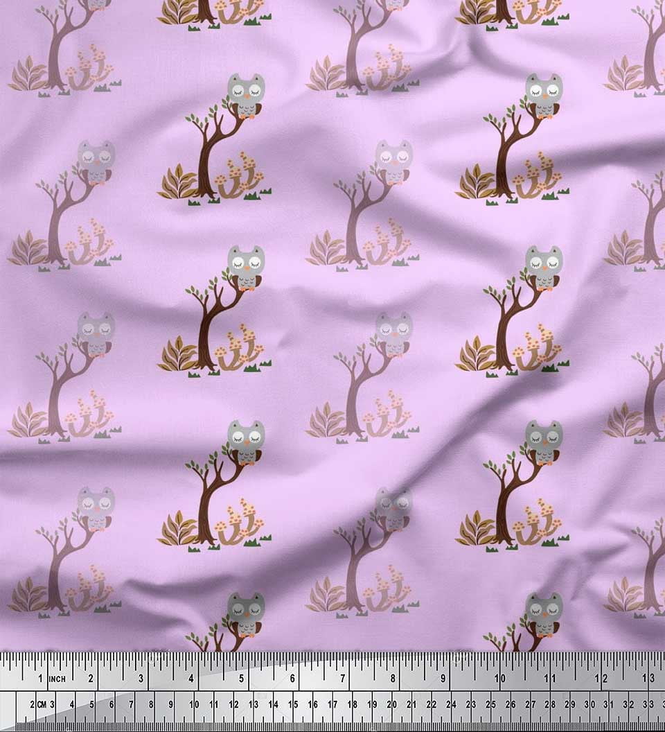 Soimoi Poly Crepe Fabric Tree,Mushroom & Owl Kids Print Fabric by Yard ...