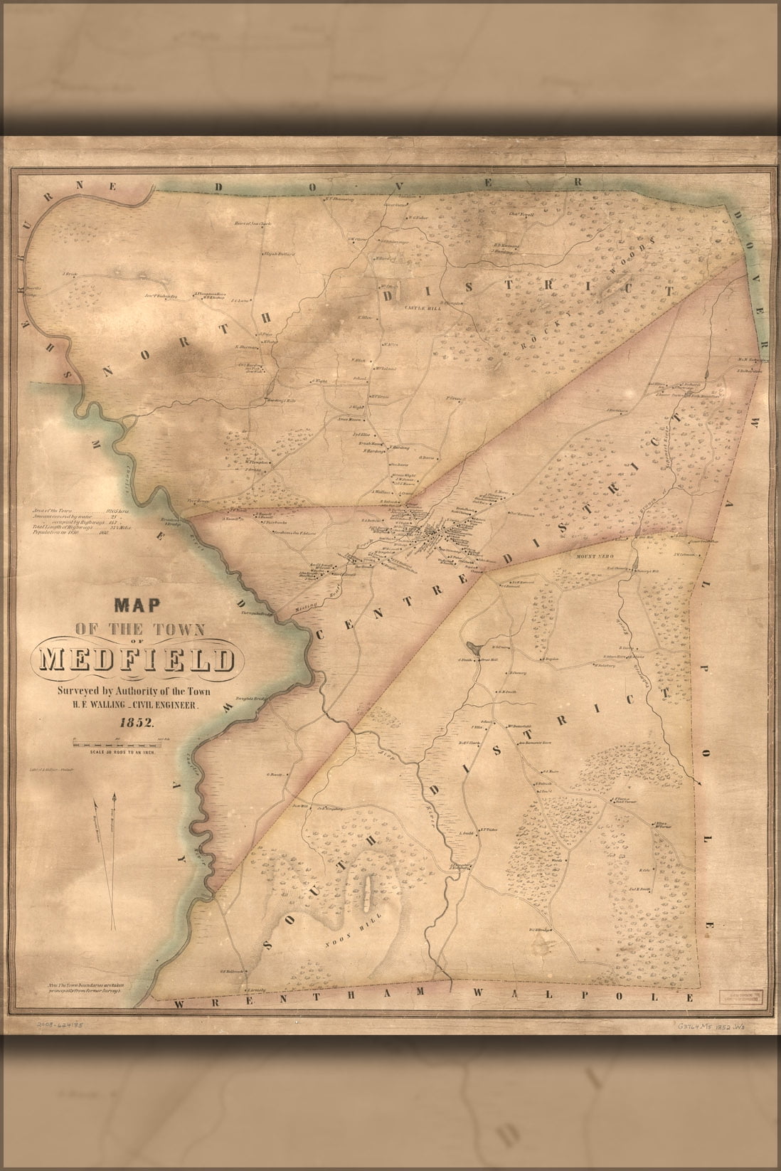 24"x36" Gallery Poster, Map of the town of Medfield mass. 1852 ...
