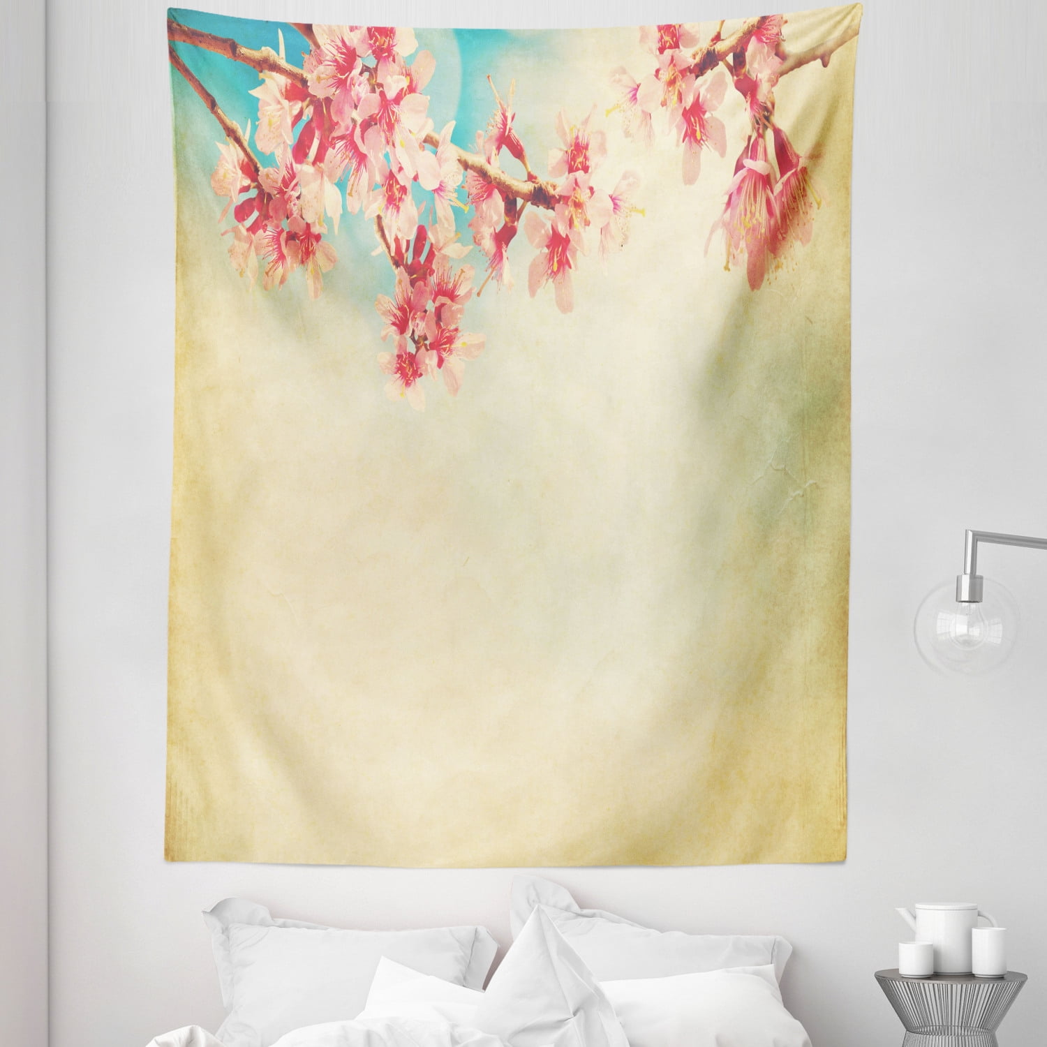 Floral Tapestry, Spring Sakura Flower on Sun Sky Vintage Color Toned ...