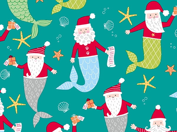 Pack of 1, Mermaid Santa Under The Sea Wrapping Paper Roll, 30" x 417 ...
