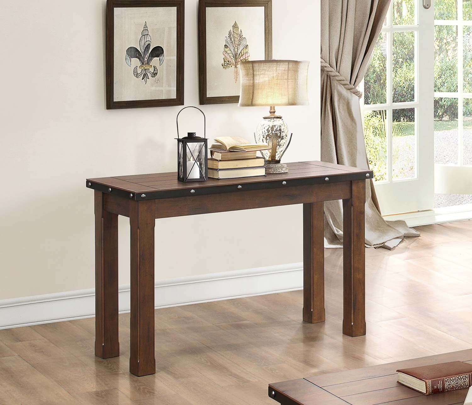 Wooden Sofa Table with Rivet Banding, Burnished Brown - Walmart.com