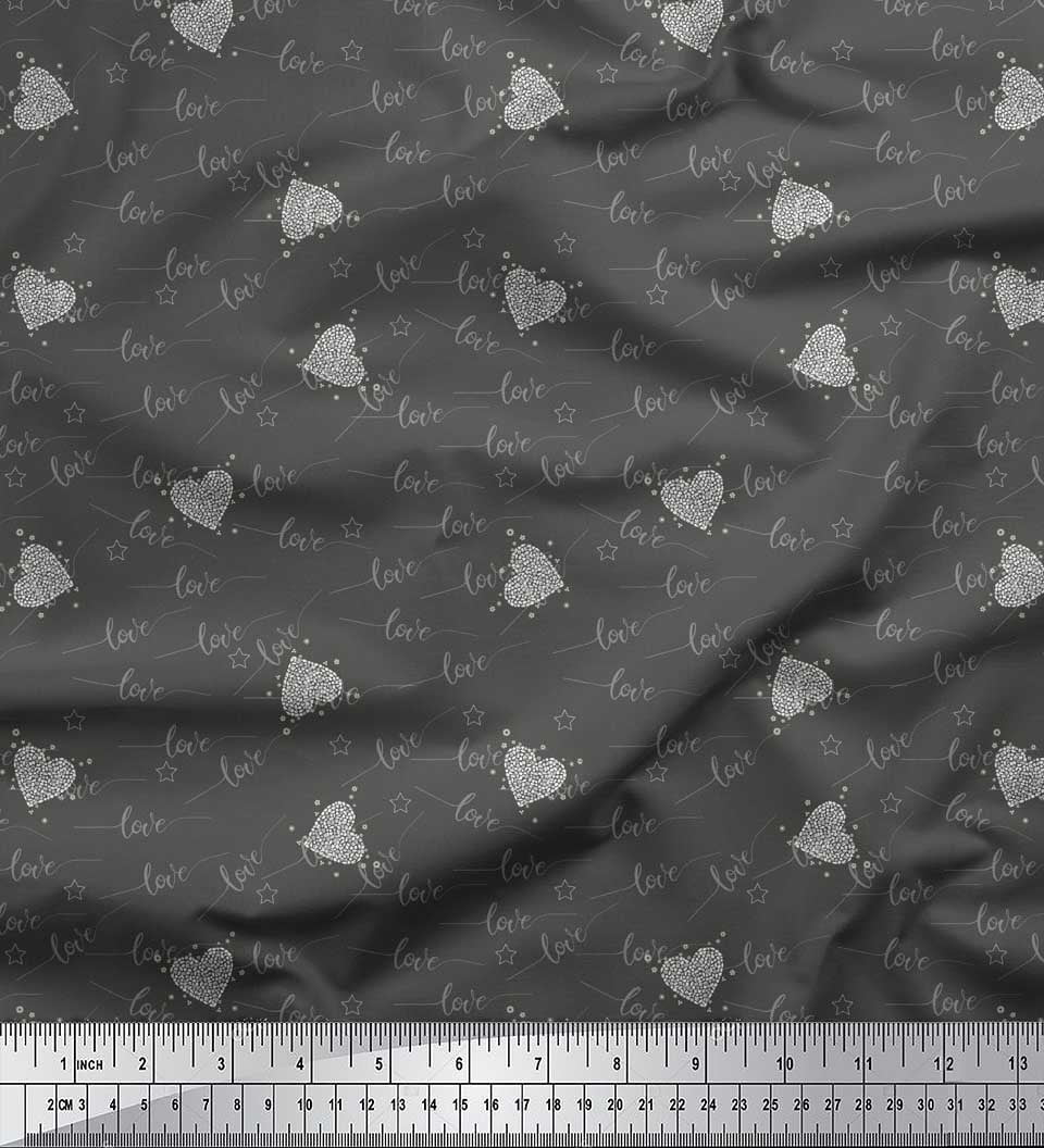 Soimoi Gray Silk Fabric Heart & Love Text Print Fabric by Yard 42 Inch ...