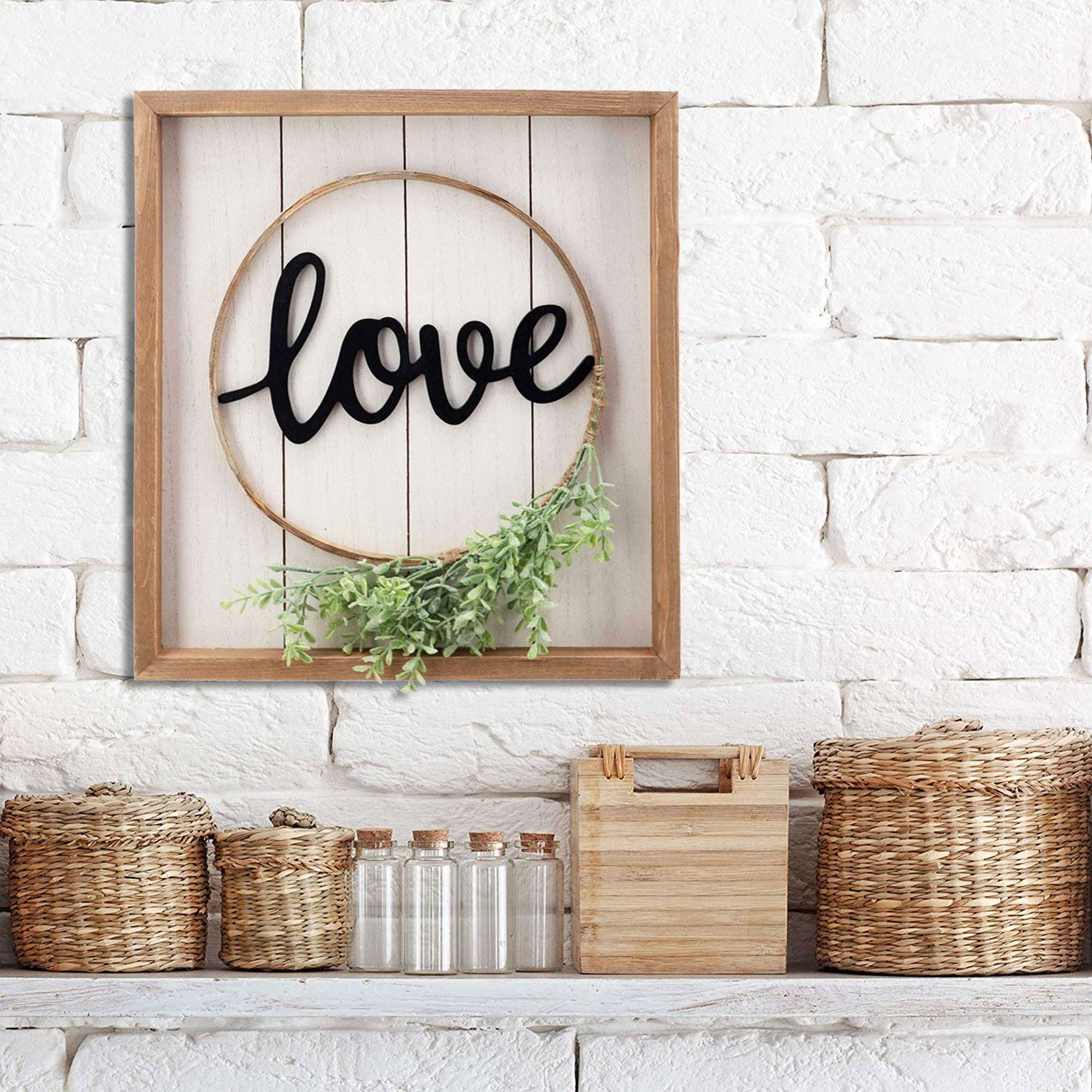 Parisloft Natural Wood Framed Love Sign with PVC Green Leaf, Farmhouse ...