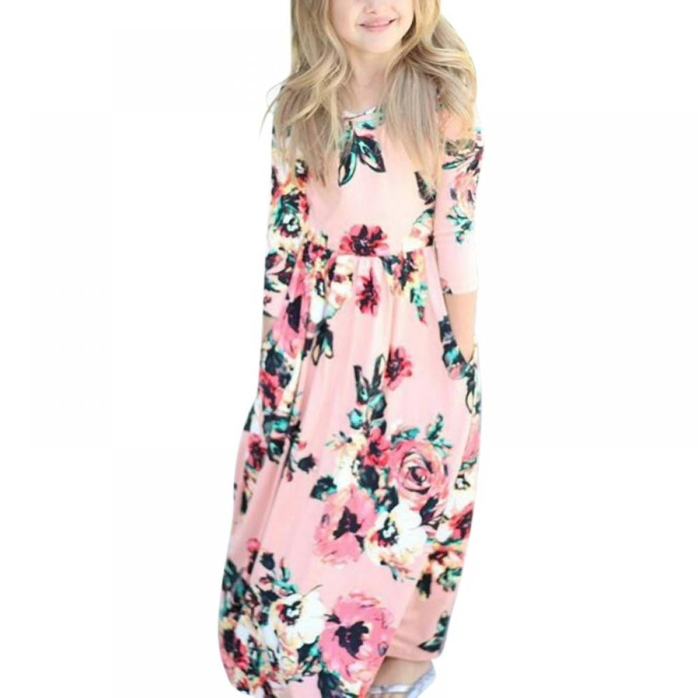 Girls Casual Maxi Floral Dress Long Sleeve Holiday Pockets Dresses ...