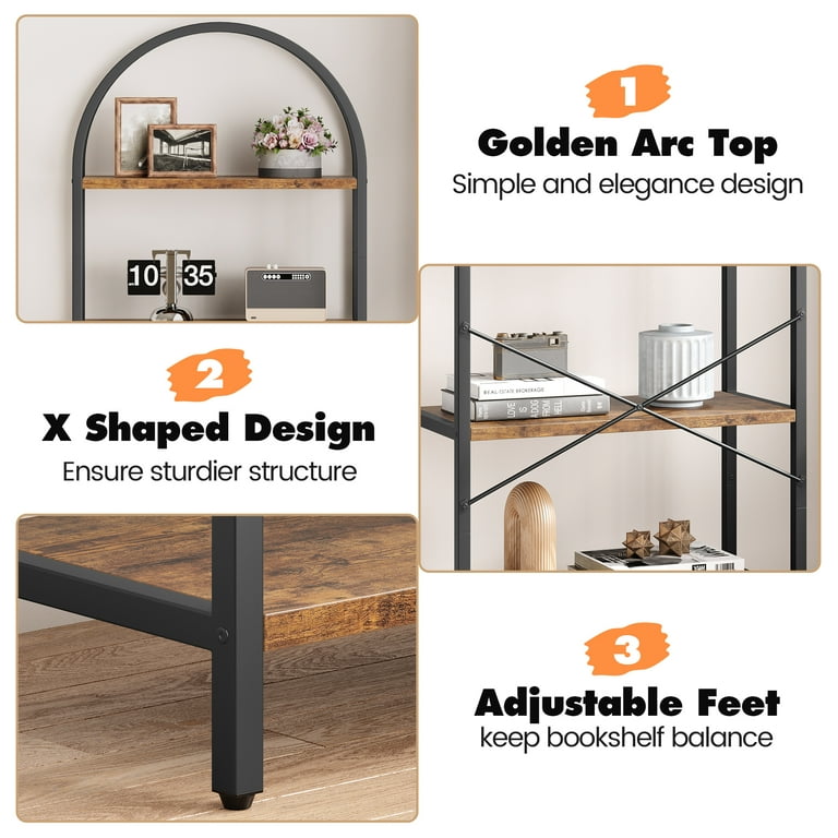 Arched Bookshelf 5 Tier Open Bookshelf Modern Storage Bookcase with Metal Frame and Shelves Freestanding Display Rack Tall Shelving Unit for