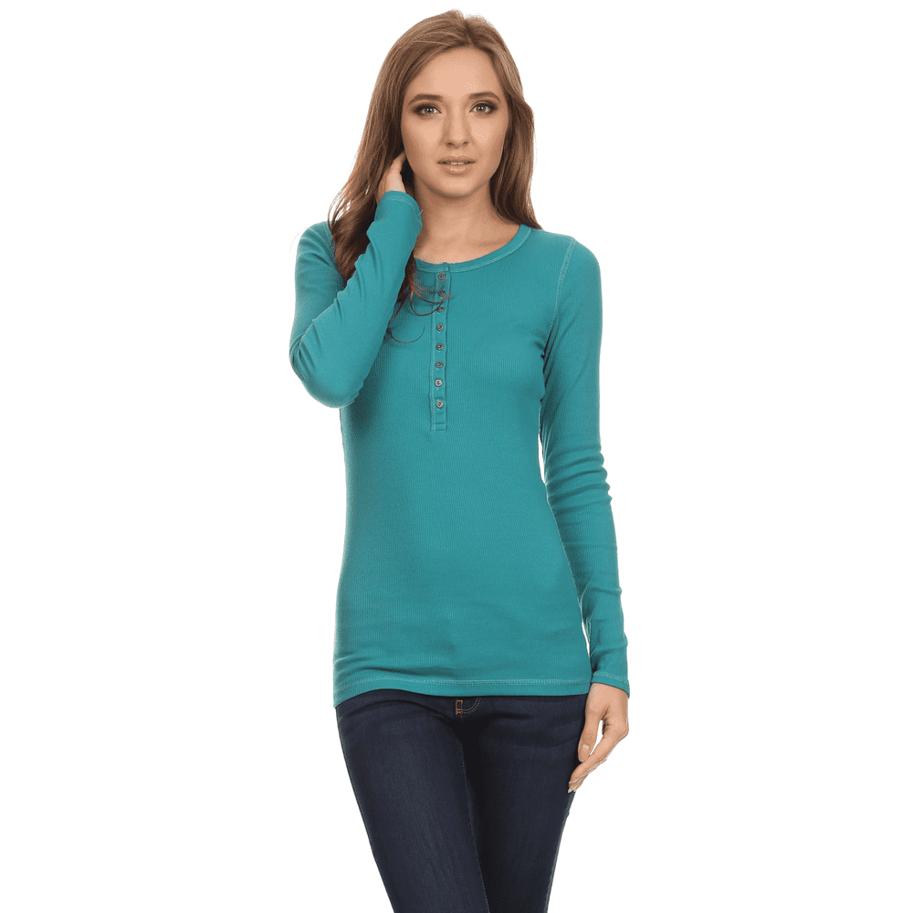 Simlu Henleys For Women Knit Henley Top Crew Neck Ribbed Women Long