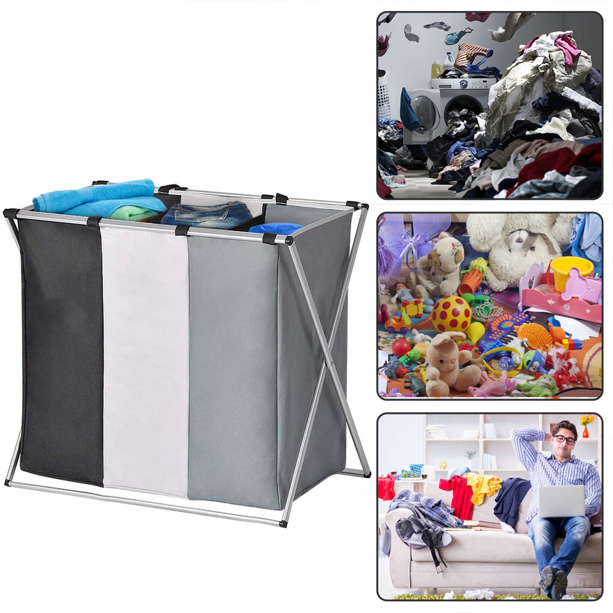 Laundry Cloth Hamper, 3 Sections Laundry Basket with Removable Liner ...