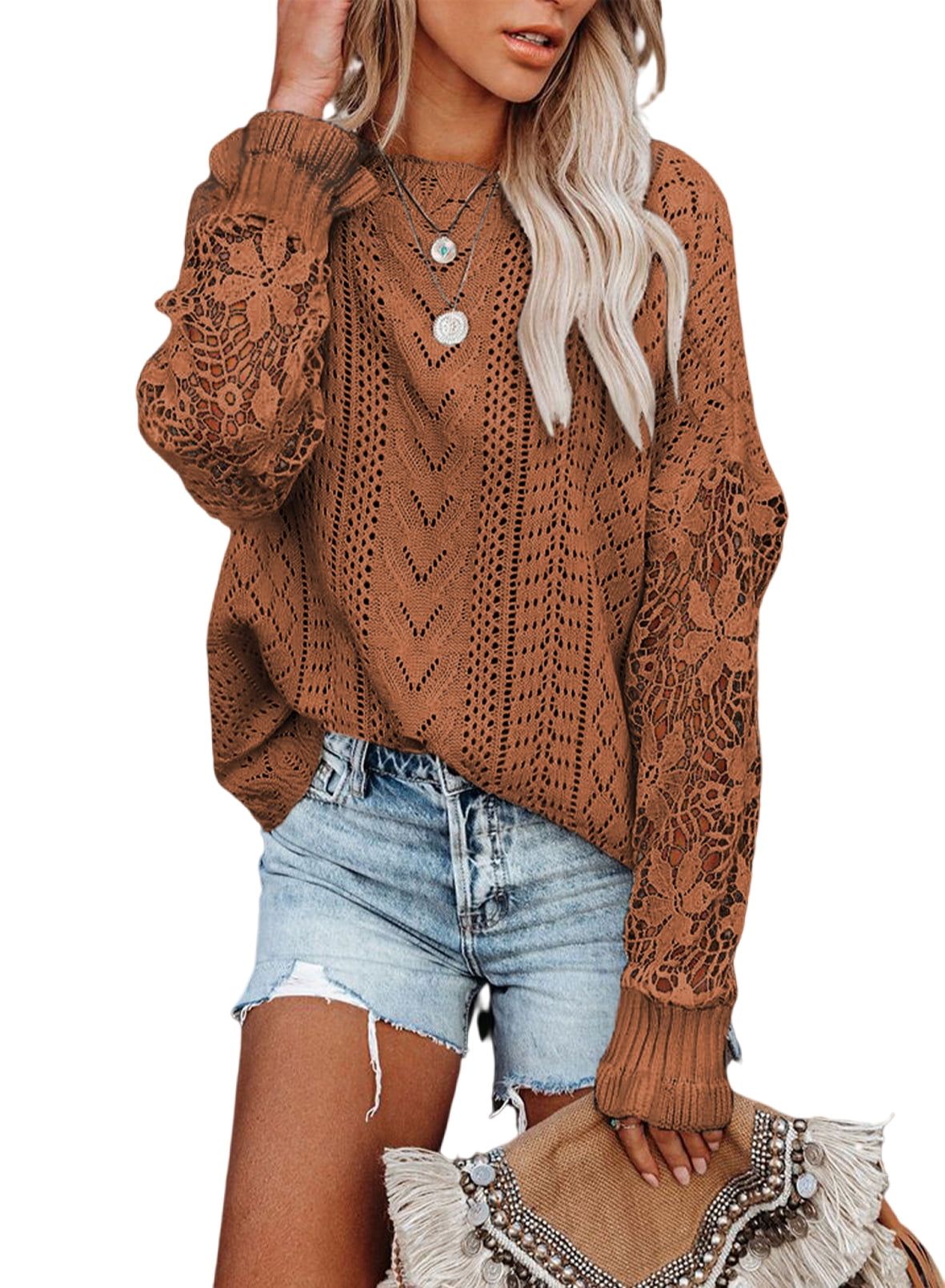 Dokotoo Womens Relaxed Fit Jumpers Casual Crew Neckline Cable Knit