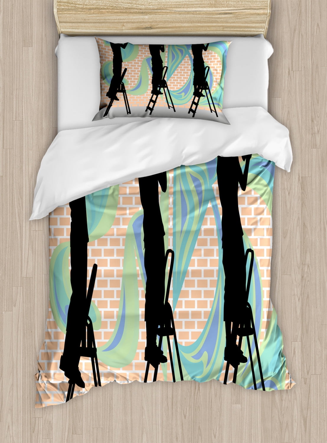Urban Graffiti Twin Size Duvet Cover Set, Silhouette of Teenage ...