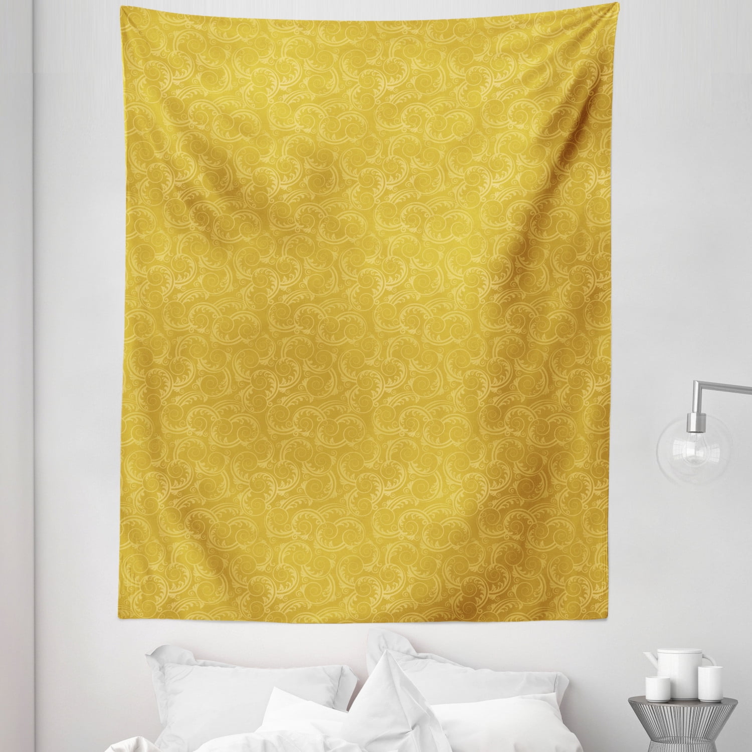 Yellow Damask Tapestry, Silhouette Swirls and Leaves Background ...