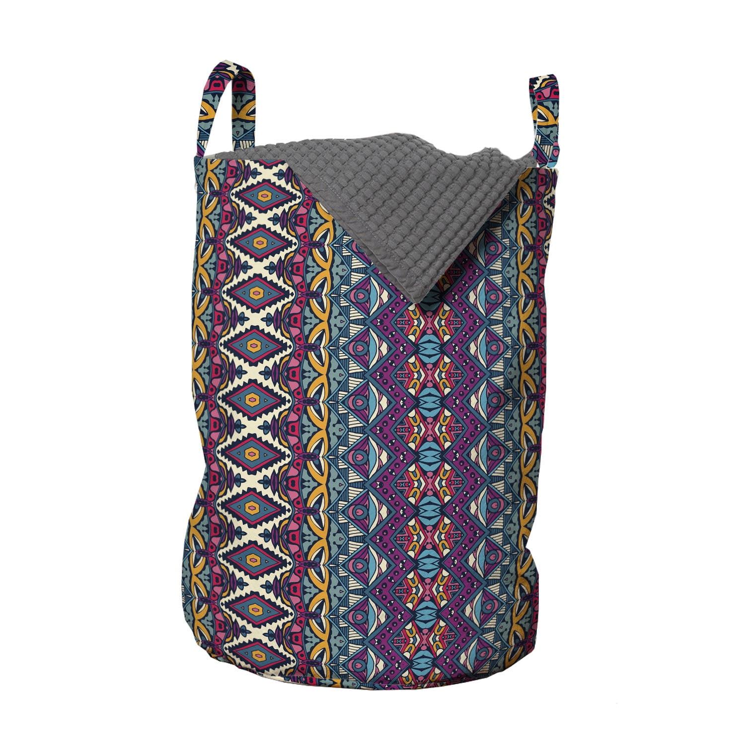 Ethnic Laundry Bag, Colorful Composition with Triangles and Chevron ...